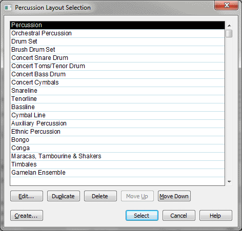Percussion Layout Selection dialog box