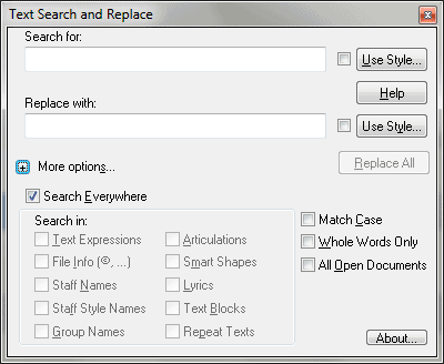 Text Search and Replace dialog box