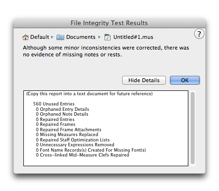File Integrity Test Results dialog box
