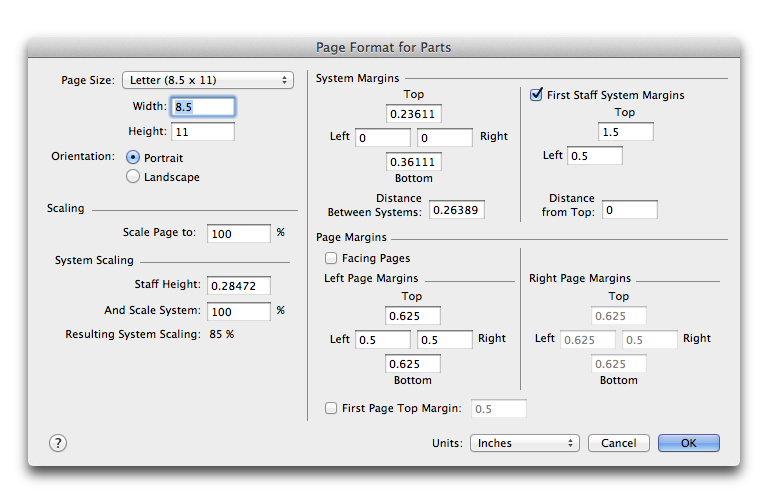 Page Format for Parts dialog box