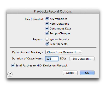 Playback/Record Options dialog box