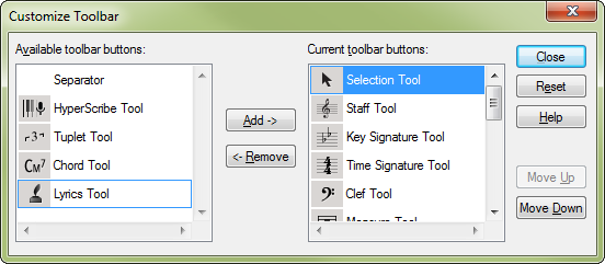 Customize Toolbar dialog box
