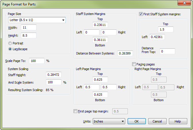 Page Format for Parts dialog box