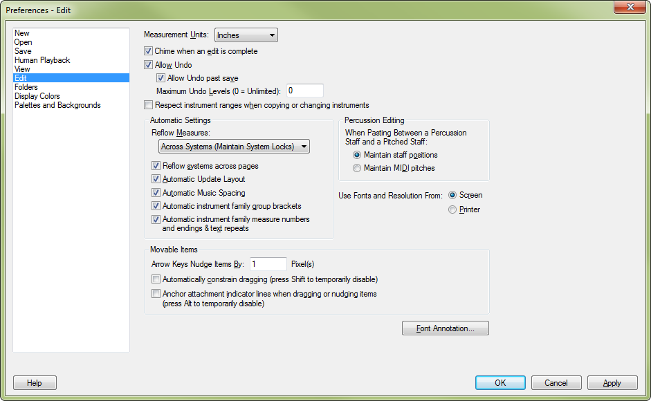 Preferences dialog box