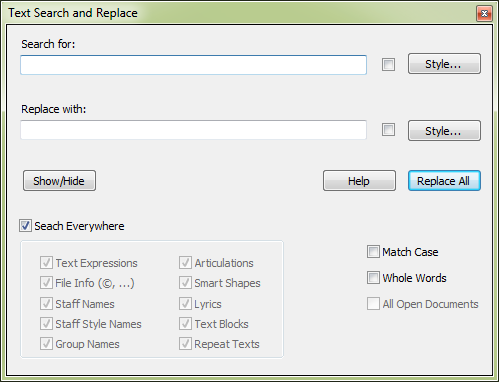 Text Search and Replace dialog box