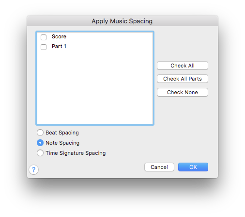Apply Music Spacing dialog box