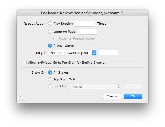 Backward Repeat Bar Assignment dialog box