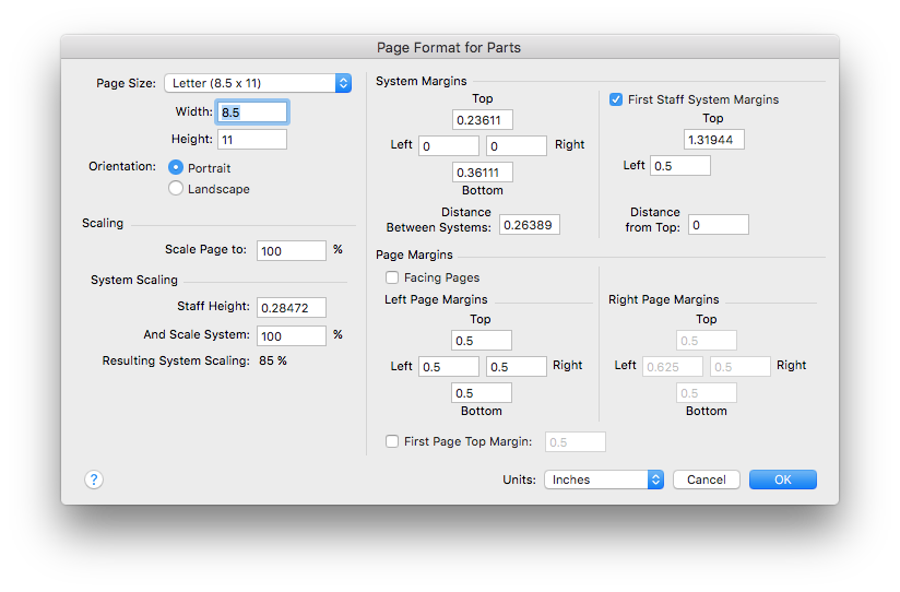 Page Format for Parts dialog box