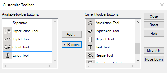 Customize Toolbar dialog box
