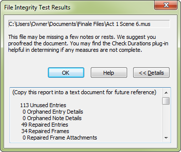 File Integrity Test Results dialog box