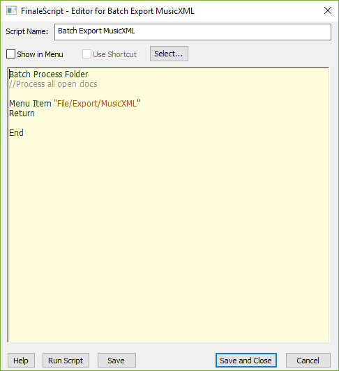 FinaleScript Editor dialog box