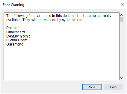 Font Warning dialog box