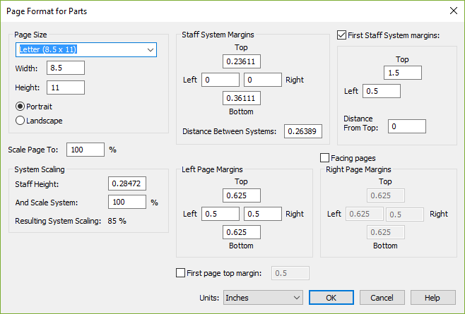 Page Format for Parts dialog box