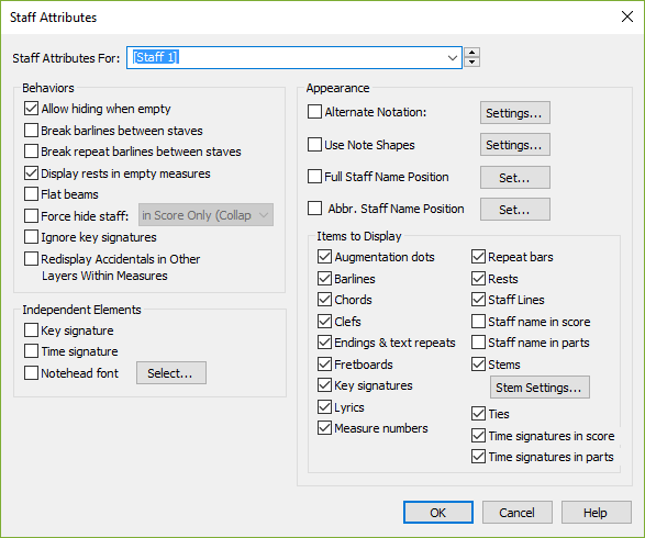 Staff Attributes dialog box