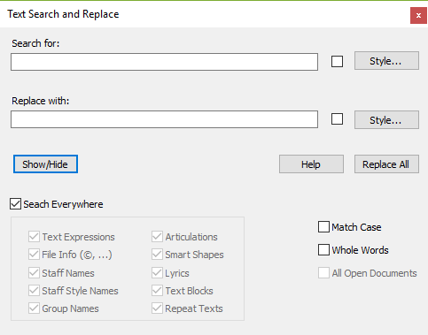 Text Search and Replace dialog box